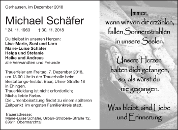 Traueranzeigen von Michael Schäfer | Südwest Presse Trauer