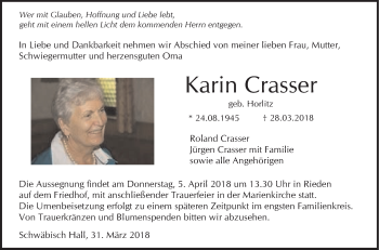 Traueranzeigen von Karin Crasser | Südwest Presse Trauer