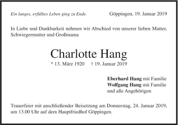Traueranzeigen von Charlotte Hang | Südwest Presse Trauer