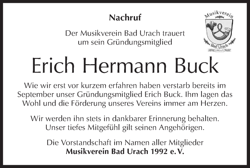 Traueranzeigen von Erich Hermann Buck | Südwest Presse Trauer