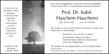 Traueranzeigen von Haschem Haschemi | Südwest Presse Trauer