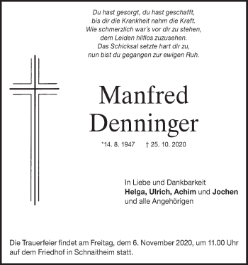 Traueranzeigen von Manfred Denninger | Südwest Presse Trauer