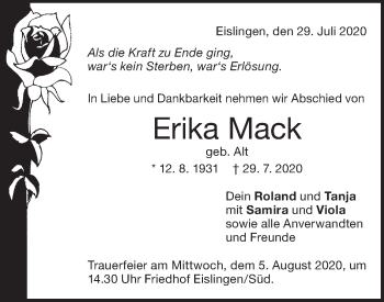 Traueranzeigen von Erika Mack | Südwest Presse Trauer