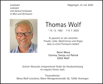 Traueranzeigen von Thomas Wolf | Südwest Presse Trauer