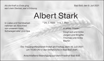 Traueranzeigen von Albert Stark | Südwest Presse Trauer