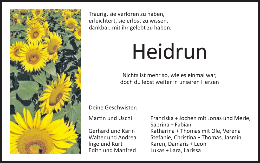 Traueranzeigen von Heidrun | Südwest Presse Trauer