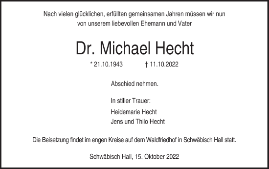 Traueranzeigen von Michael Hecht | Südwest Presse Trauer