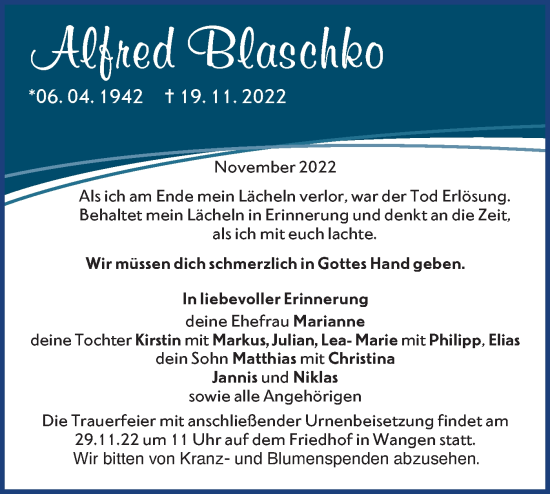 Traueranzeigen von Alfred Blaschko | Südwest Presse Trauer