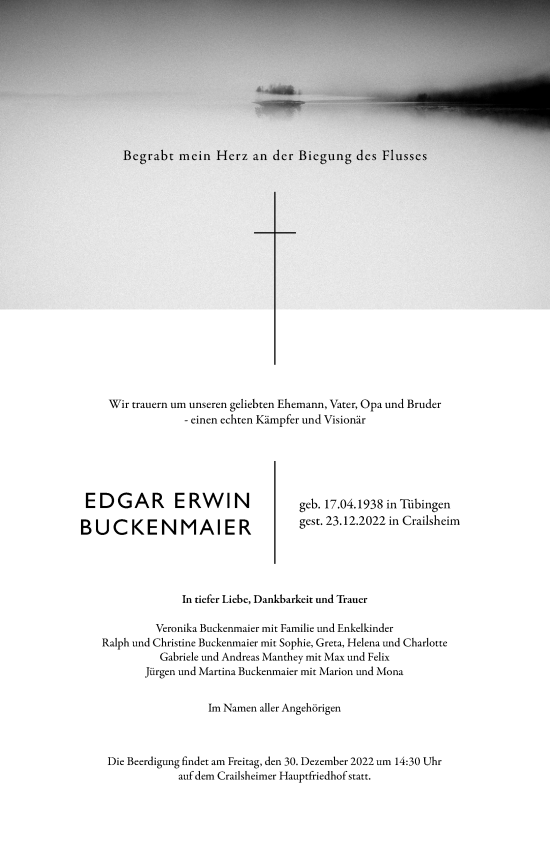 Traueranzeigen von Edgar Erwin Buckenmaier | Südwest Presse Trauer