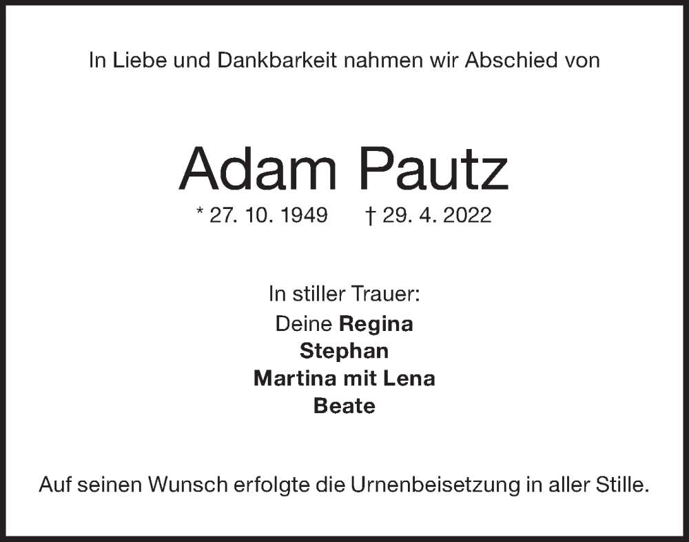 Traueranzeigen von Adam Pautz | Südwest Presse Trauer