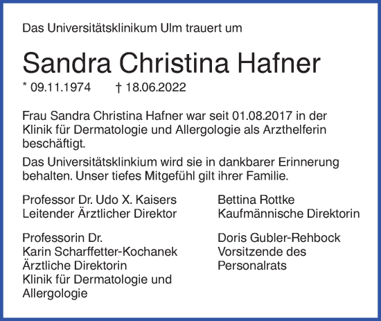 Traueranzeigen von Sandra Christina Hafner | Südwest Presse Trauer