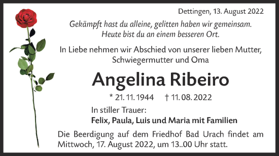 Traueranzeigen von Angelina Ribeiro | Südwest Presse Trauer