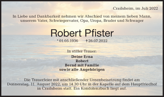 Traueranzeigen von Robert Pfister | Südwest Presse Trauer