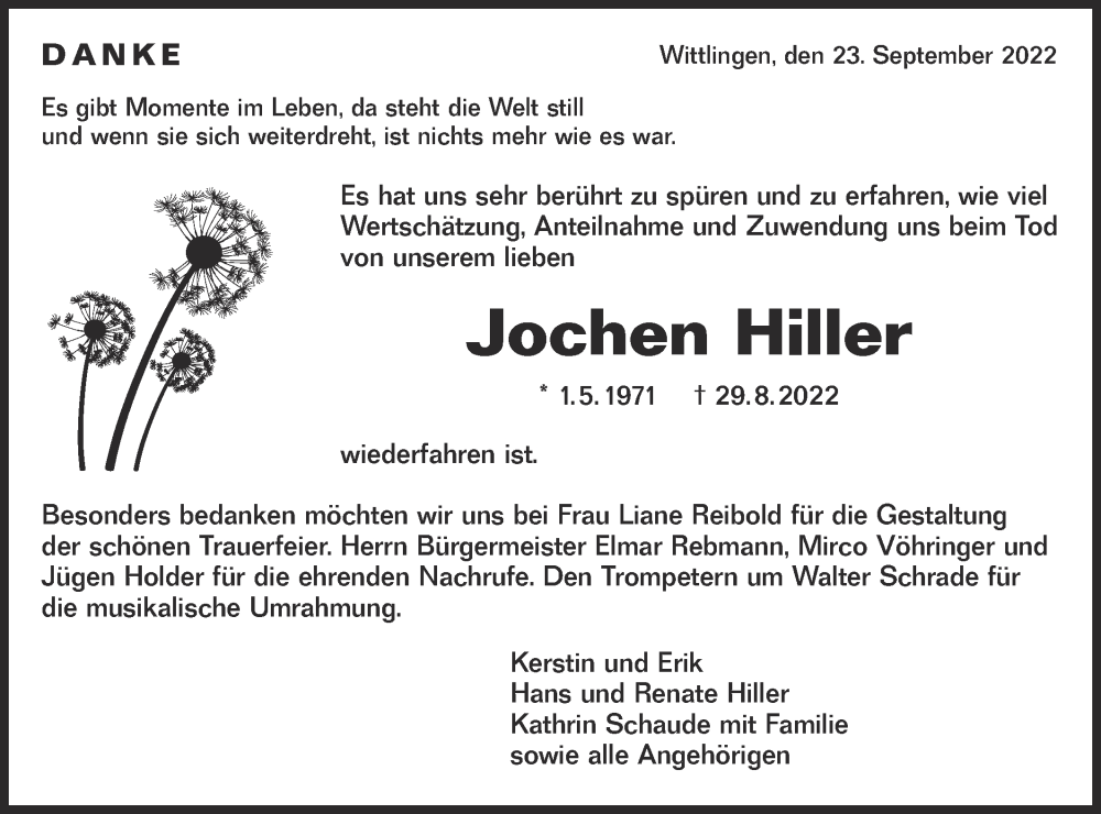 Traueranzeigen von Jochen Hiller | Südwest Presse Trauer