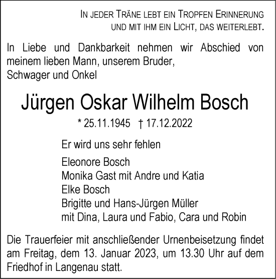 Traueranzeigen von Jürgen Oskar Wilhelm Bosch | Südwest Presse Trauer