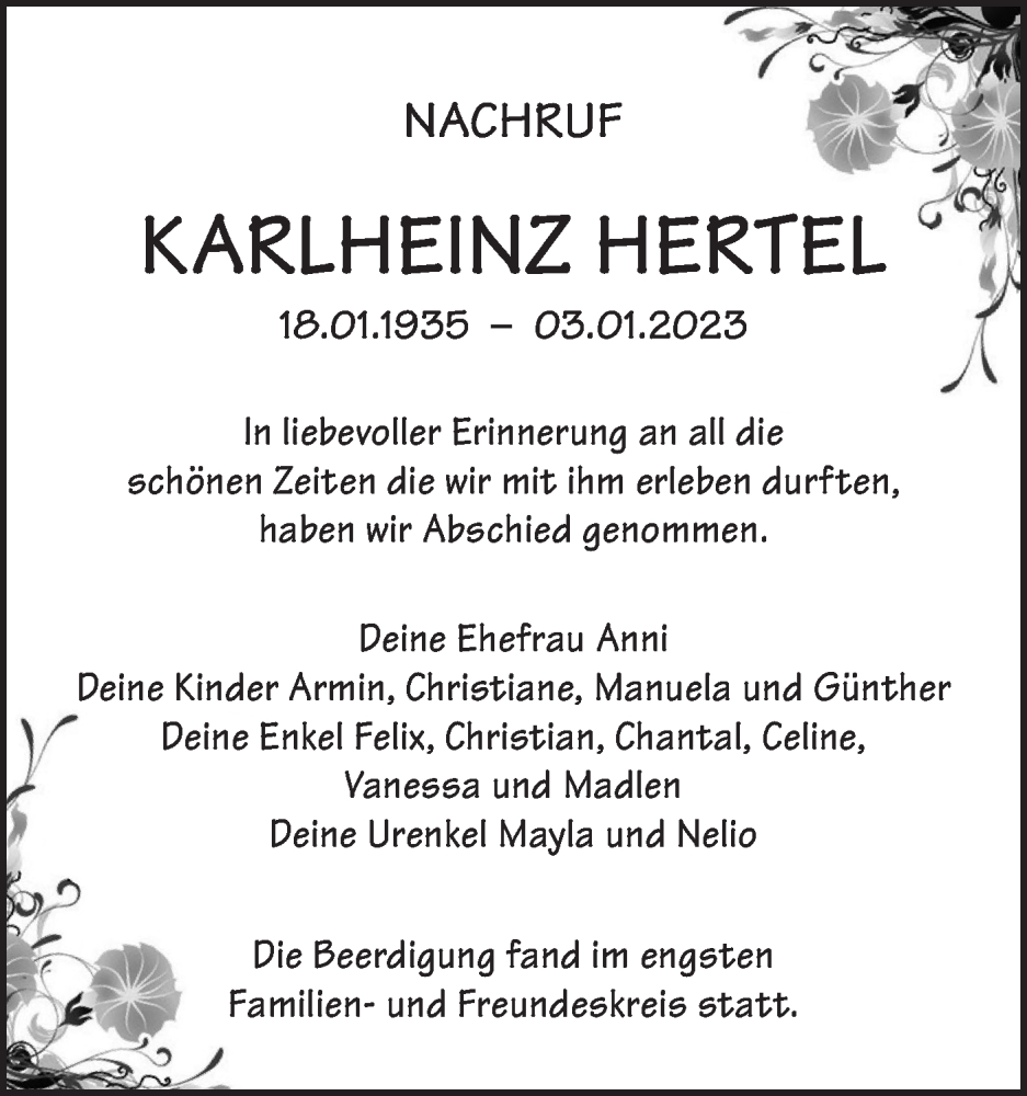 Traueranzeigen von Karlheinz Hertel | Südwest Presse Trauer