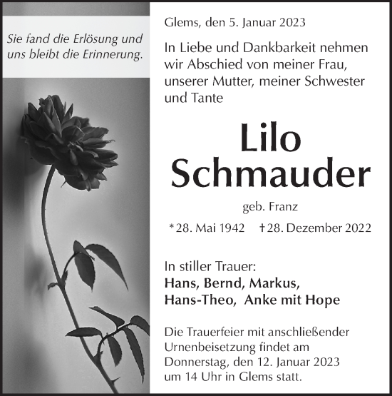 Traueranzeigen von Lilo Schmauder | Südwest Presse Trauer
