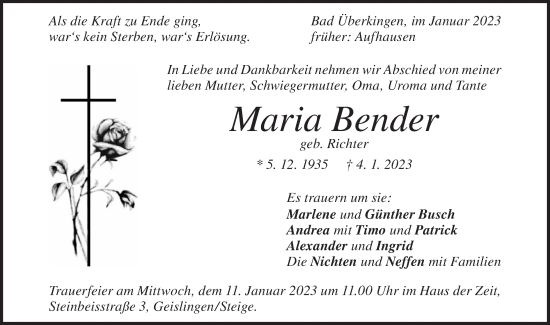 Traueranzeigen von Maria Bender | Südwest Presse Trauer