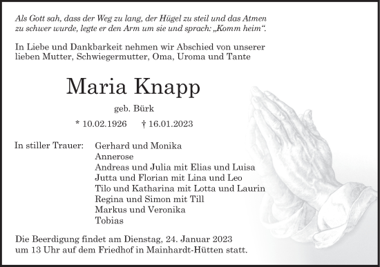 Traueranzeigen von Maria Knapp | Südwest Presse Trauer