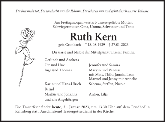 Traueranzeigen von Ruth Kern | Südwest Presse Trauer
