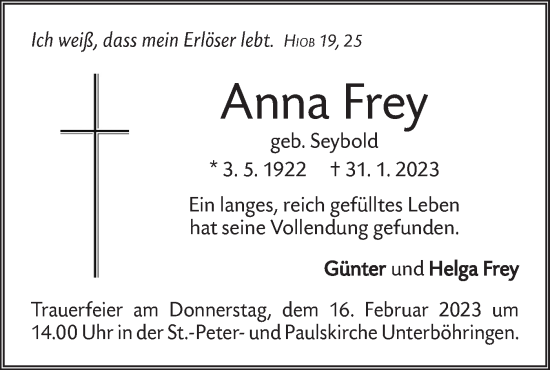 Traueranzeigen von Anna Frey | Südwest Presse Trauer