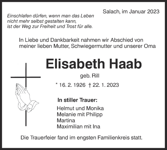 Traueranzeigen von Elisabeth Haab | Südwest Presse Trauer