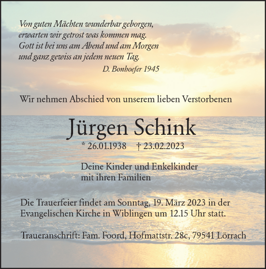 Traueranzeigen von Jürgen Schink | Südwest Presse Trauer