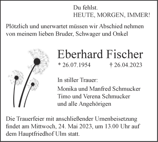 Traueranzeigen von Eberhard Fischer | Südwest Presse Trauer