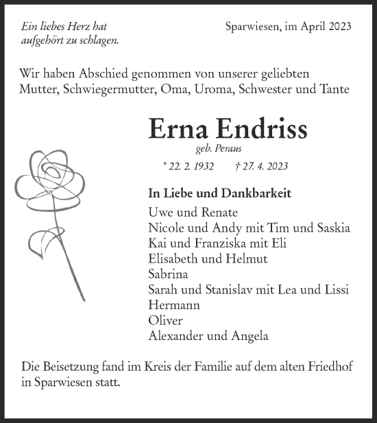 Traueranzeigen von Erna Endriss | Südwest Presse Trauer