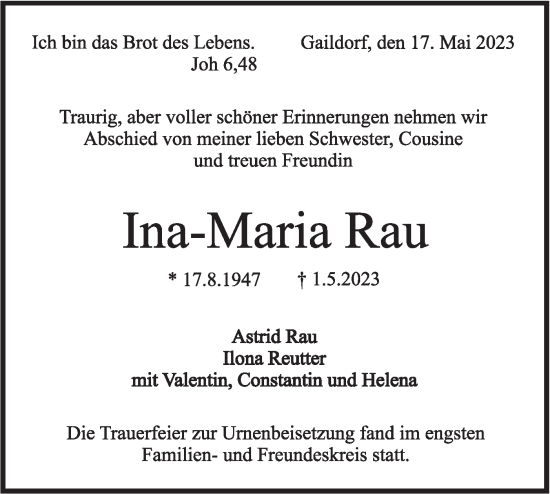 Traueranzeigen von Ina-Maria Rau | Südwest Presse Trauer