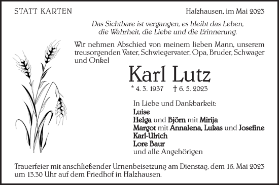 Traueranzeigen von Karl Lutz | Südwest Presse Trauer