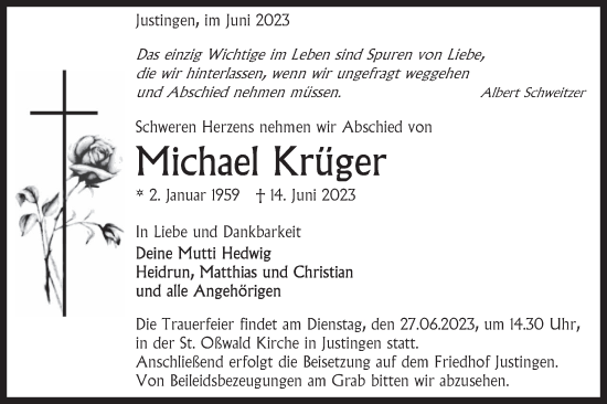 Traueranzeigen von Michael Krüger | Südwest Presse Trauer