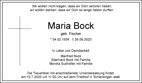 Traueranzeigen von Maria Bock | Südwest Presse Trauer