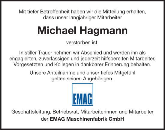Traueranzeigen von Michael Hagmann | Südwest Presse Trauer