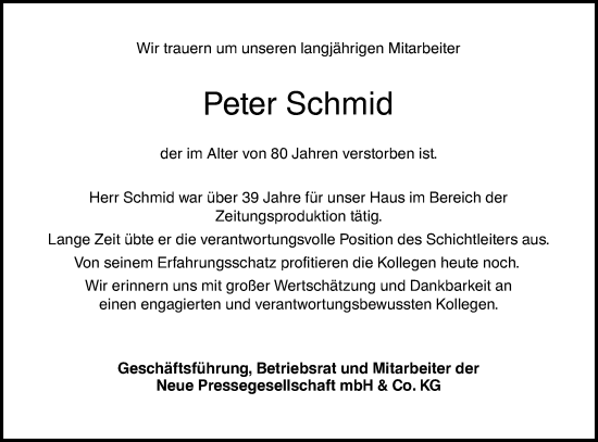 Traueranzeigen von Peter Schmid | Südwest Presse Trauer
