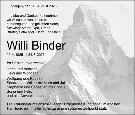 Traueranzeigen von Willi Binder | Südwest Presse Trauer
