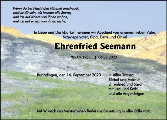 Traueranzeigen von Ehrenfried Seemann | Südwest Presse Trauer