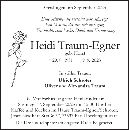 Traueranzeigen von Heidi Traum-Egner | Südwest Presse Trauer