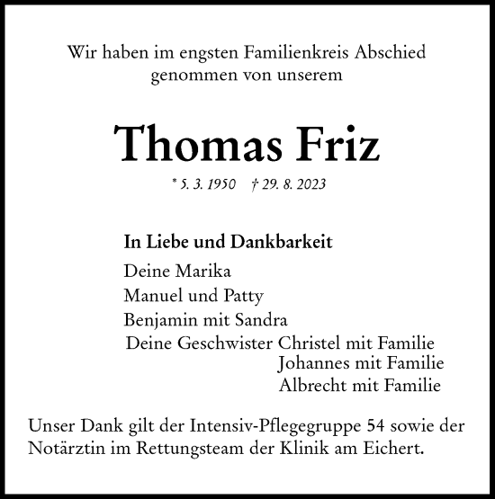 Traueranzeigen von Thomas Friz | Südwest Presse Trauer