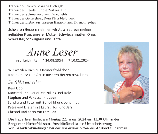 Traueranzeigen von Anne Leser | Südwest Presse Trauer