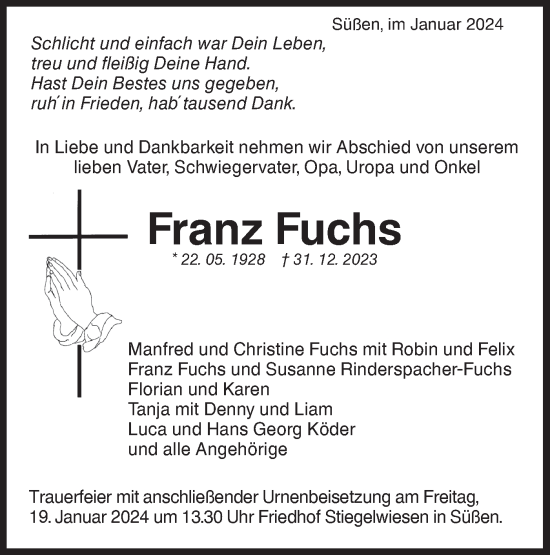 Traueranzeigen von Franz Fuchs | Südwest Presse Trauer