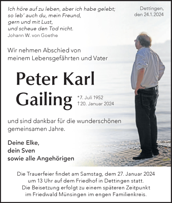 Traueranzeigen von Peter Karl Gailing | Südwest Presse Trauer