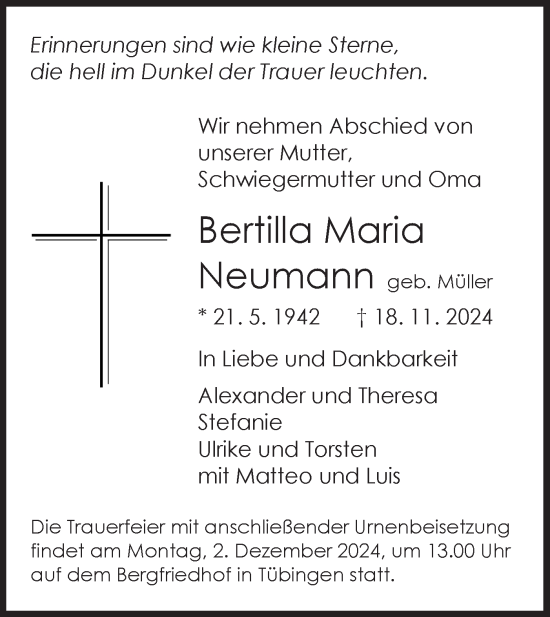 Traueranzeigen von Bertilla Maria Neumann | Südwest Presse Trauer
