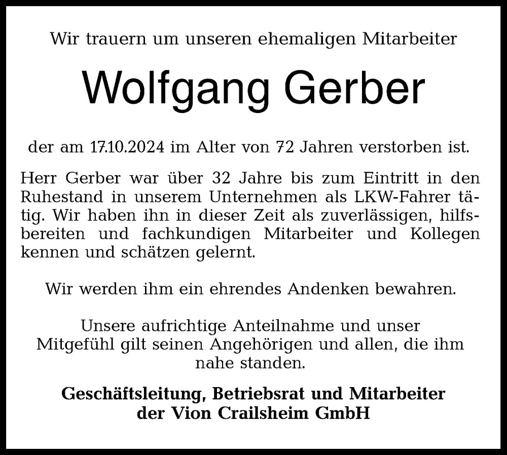 Traueranzeigen von Wolfgang Gerber | Südwest Presse Trauer
