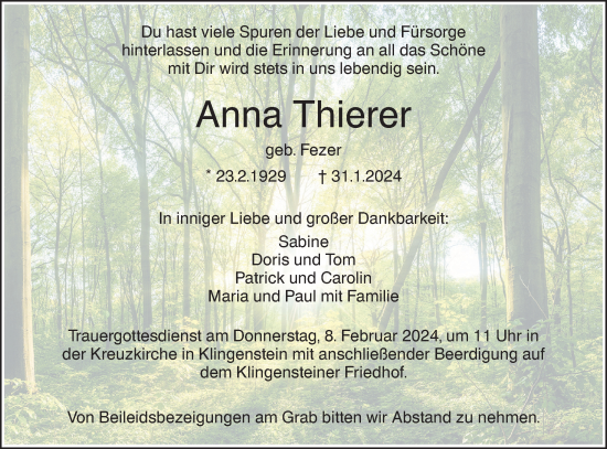 Traueranzeigen von Anna Thierer | Südwest Presse Trauer