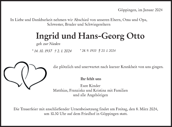 Traueranzeigen von Ingrid Otto | Südwest Presse Trauer