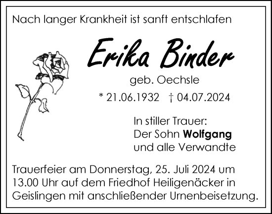 Traueranzeigen von Erika Binder | Südwest Presse Trauer