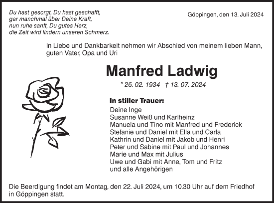 Traueranzeigen von Manfred Ladwig | Südwest Presse Trauer