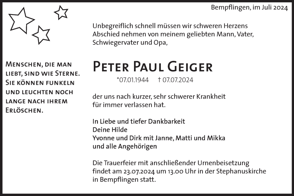 Traueranzeigen von Peter Paul Geiger | Südwest Presse Trauer