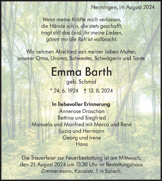 Traueranzeigen von Emma Barth | Südwest Presse Trauer